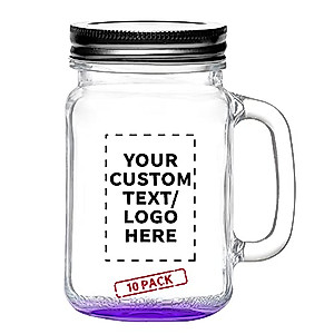 10 Libbey Handle Mason Jars with Lids Set, 16 oz. - Personalized Text, Logo - Traditional style, Drinking, Glassware - Purple