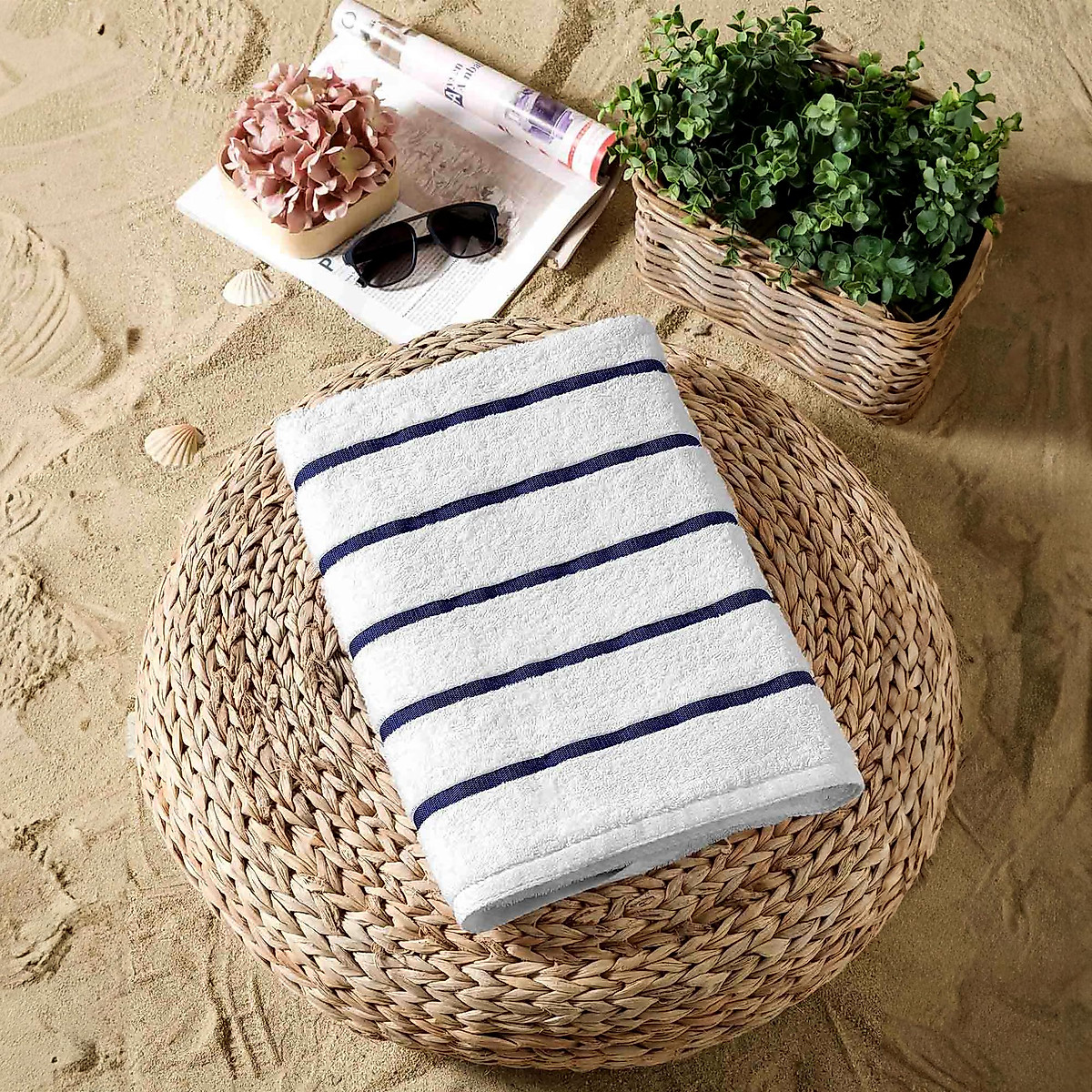 GT Globaltex Fine Linens 100% Turkish Cotton Premium Pool and Beach Towel Highly Absorbent Quick Dry Blue Striped 32" x 64" 500 GSM (1 Piece)