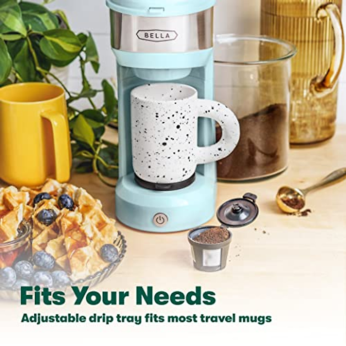 BELLA Dual Brew Single Serve Coffee Maker, K-cup Compatible with Ground Coffee Basket & Adapter - Carefree Auto Shut Off & Adjustable Tray, 14oz, Aqua