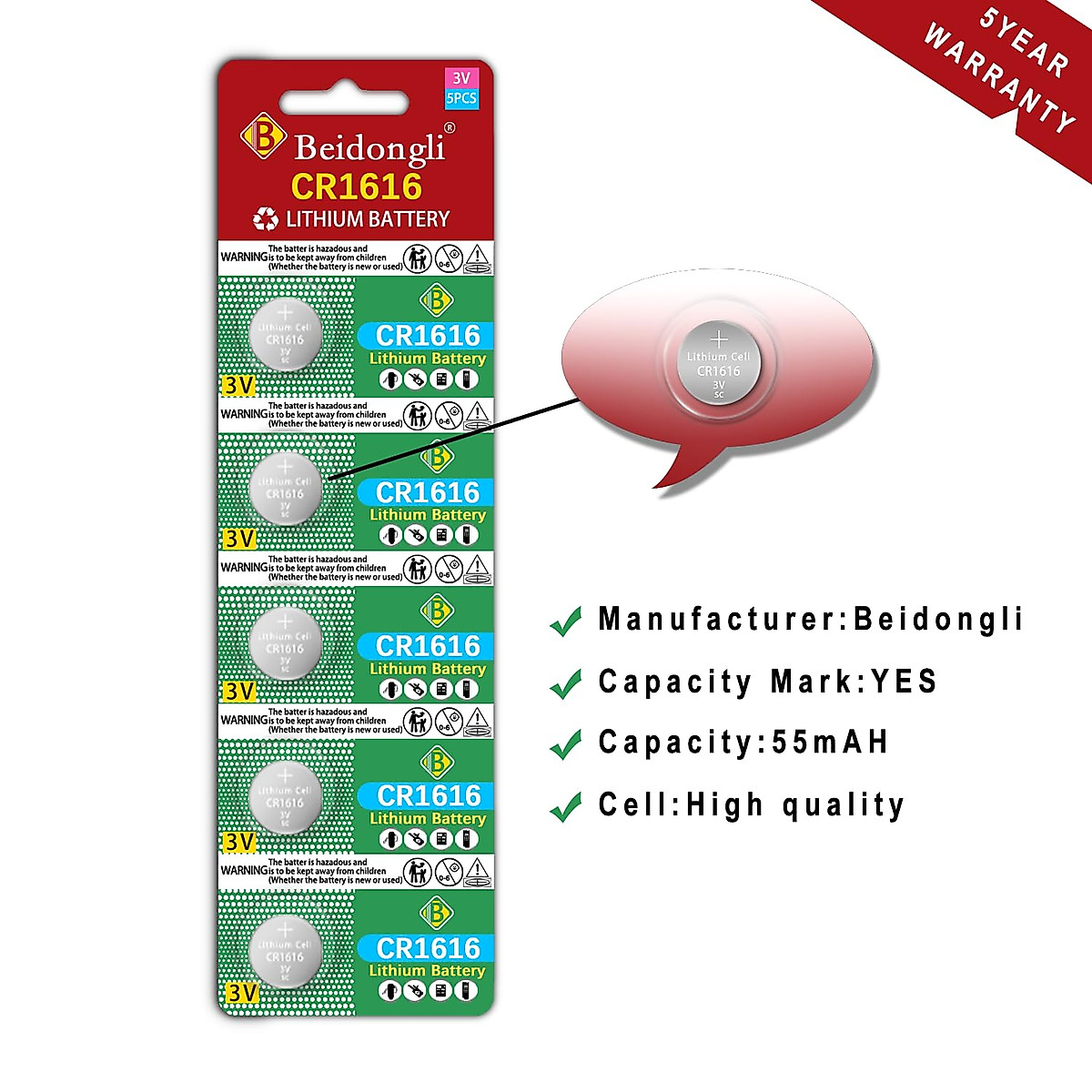 Beidongli CR1616 Battery 3V Lithium Battery Coin Button Cell 10 Pack 【5-Year Warranty】