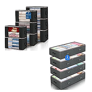 8 Pack 90L Clothes Storage & 4 Pack Underbed Storage Bags, Clothes Storage Bins Foldable Closet Organizers with Durable Handles with Clear Window for Clothes Pillow Blankets Bedding