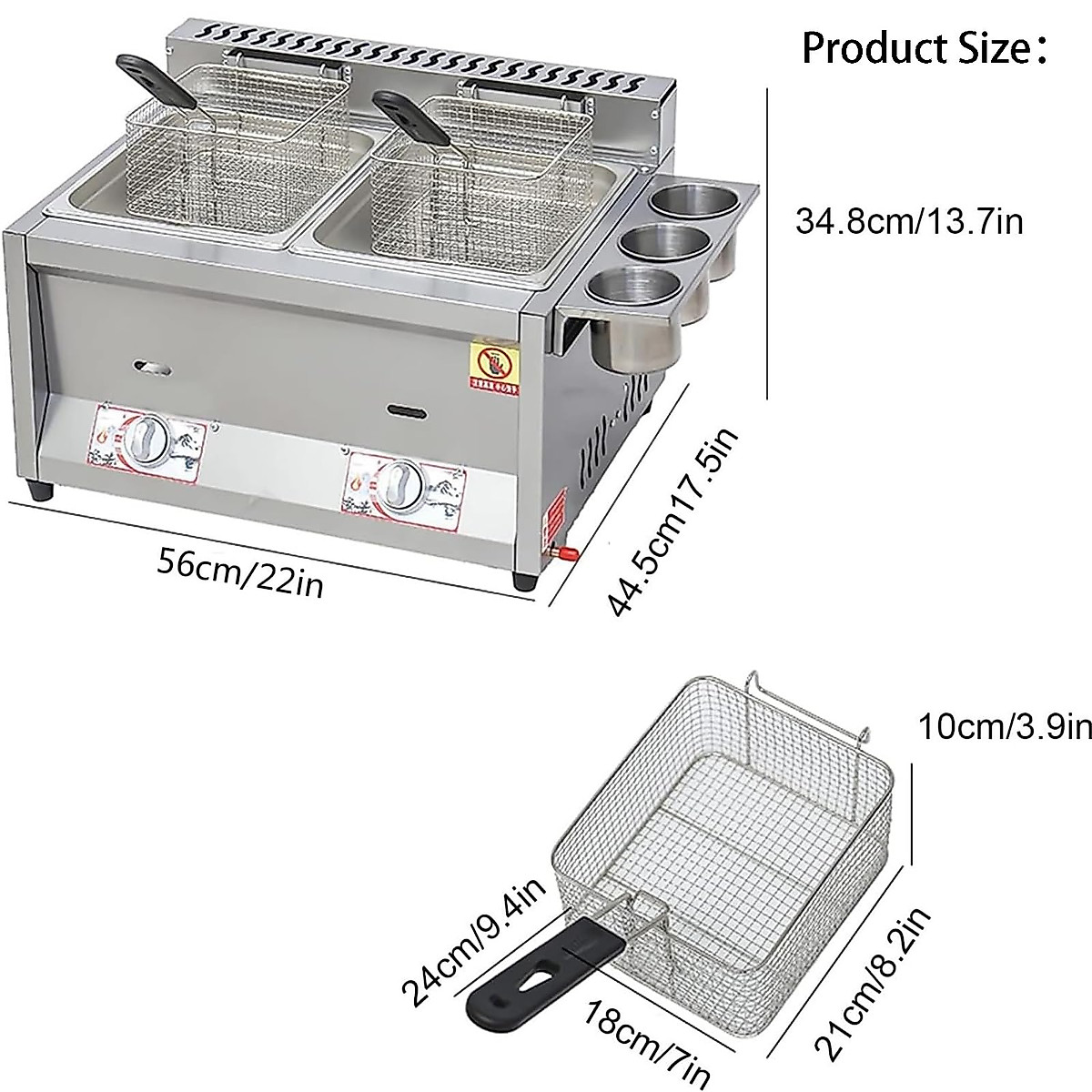 Commercial Deep Fryer with Basket, Dual Tank Gas Deep Fryer, Adjustable Firepower Double Deep Fryer for French Fry Restaurants Supermarkets Fast Food Stands