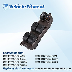 Obaee Door Master Window Switch Power Control Button Compatible with 2002-2006 Toyota Camry, 03-08 Corolla/Matrix/Pontiac Vibe, 04-09 Sienna, 05-11 Tacoma, 04-07 Scion xA/xB Replaces OEM 84820-33170-N