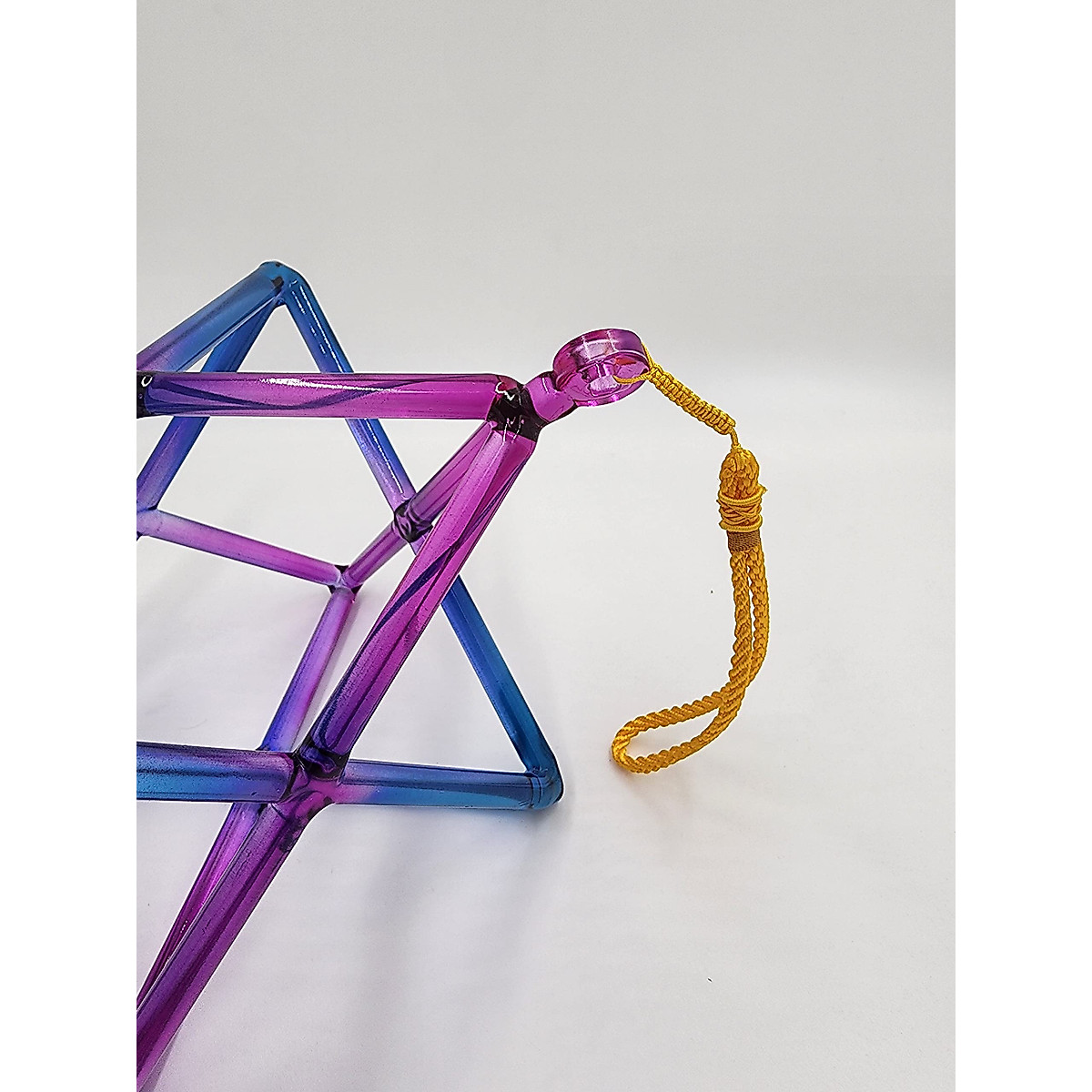 Yantra 8 Inch Violet Blue Colored Chakra Healing Optically Clear Crystal Singing Merkaba Pyramid with Hanging Rope and 1 Suede Stick