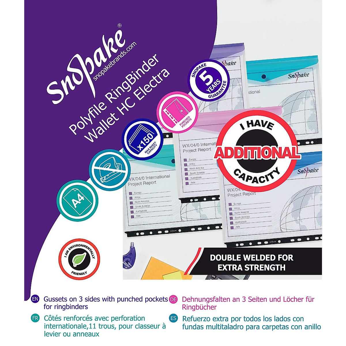 Snopake 15694 Polyfile A4 High Capacity Ring Binder Popper Wallet Landscape Classic Clear with Electra Assorted Colour Closures, Pack of 5