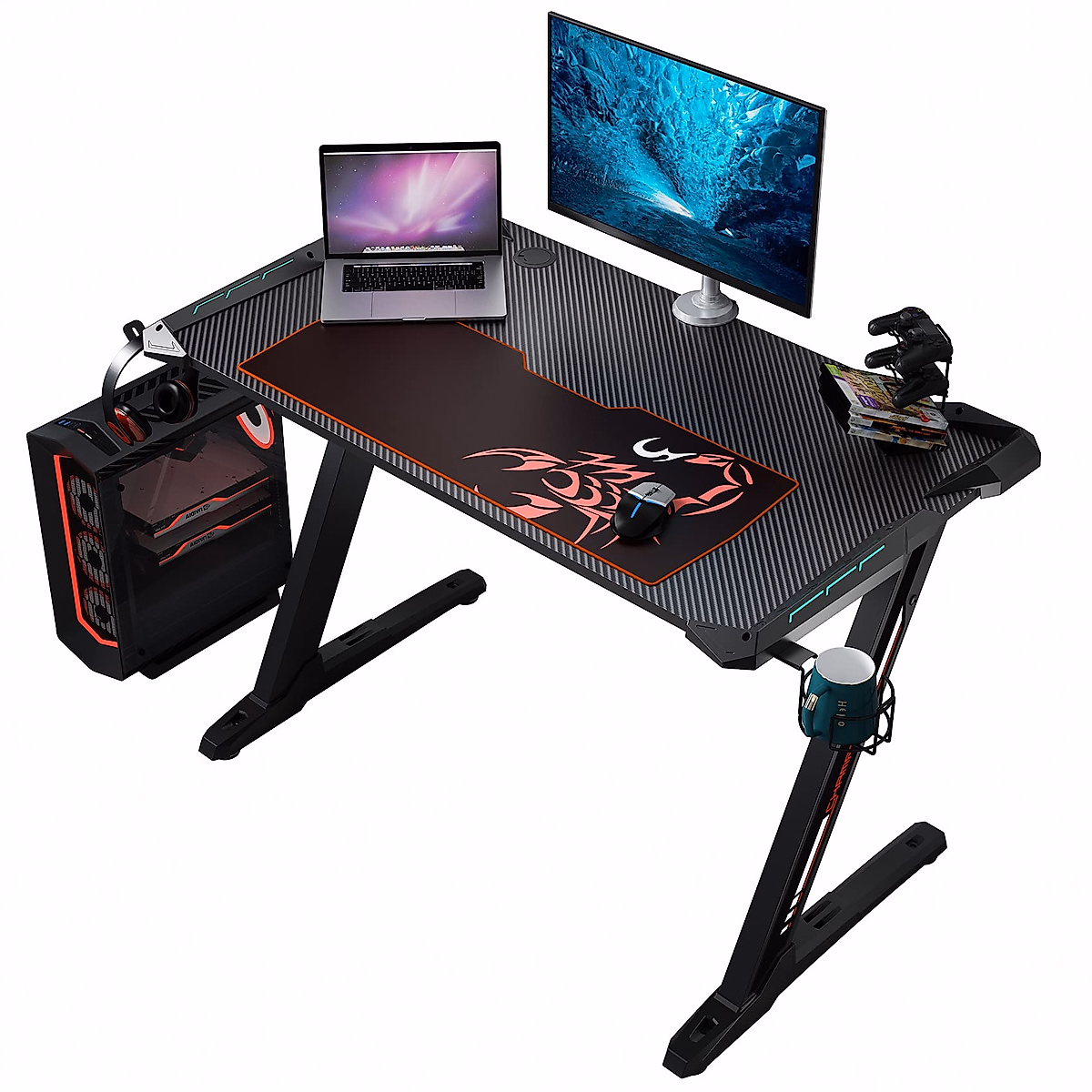 EUREKA ERGONOMIC Computer Desk, Gaming Desk with LED Lights 44.5 inch, Home Office Z Shaped Gaming Computer Desk Table with Mouse Pad Headset Hook Controller Stand Cup Holder, Black