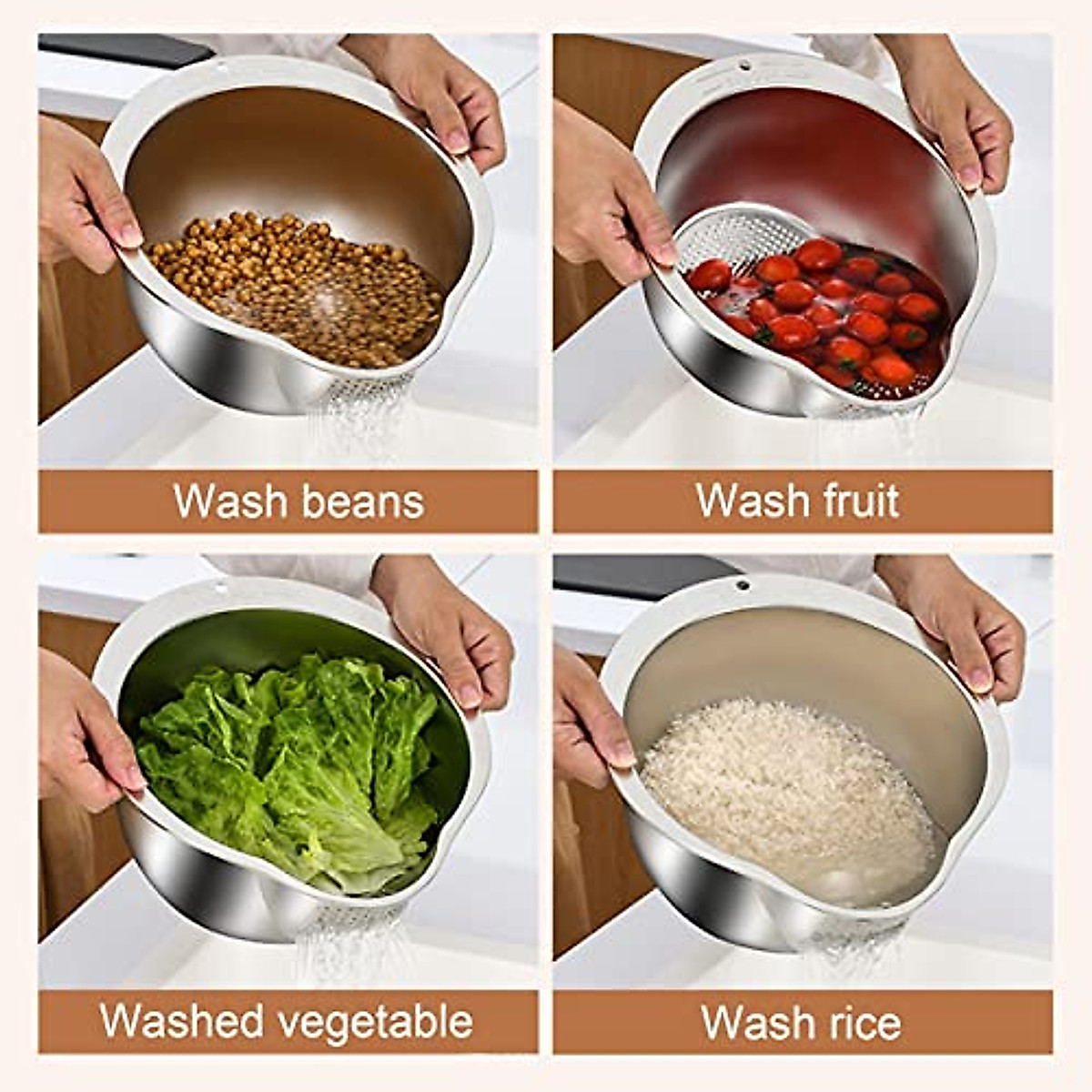 Stainless Steel Rice Washing Bowl Rice Washing Drain Basket Japanese Rice Washing Bowl With Side Drainer For Washing Fruits Vegetables