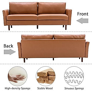 Dreamsir 80'' Faux Leather Sofa, Mid-Century Modern Loveseat Couch with Solid Wooden Frame & Padded Cushions, 3-Seater Sofa Couch for Living Room, Apartment, Lounge Room (Brown)