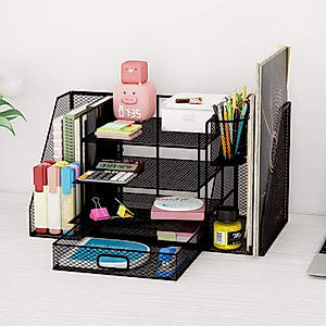 navmen Desk Organizer with File Holder,4 Tier Metal Mesh Desktop Organizer Paper Letter Tray Organizer with Drawer Holder and 2 Pen Holder,for Office Supplies Home or School Storage,(Black)