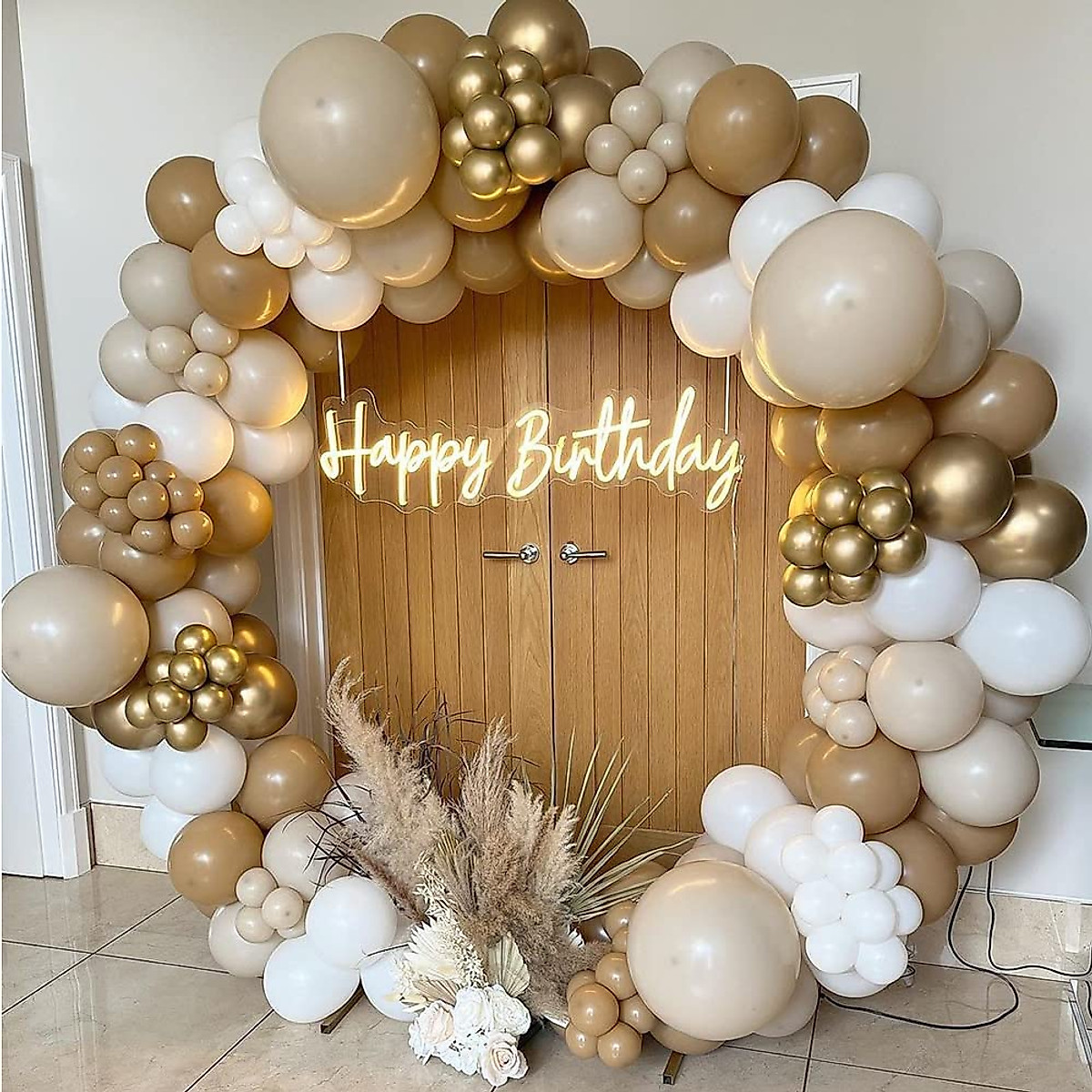 LyzzGlobo Boho Brown Balloon Garland Kit, Sand White Matte Gold Cream Coffee Balloons Arch for Baby Shower Birthday Wedding Party Decoration