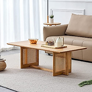 LUSPAZ Rattan Coffee Table Rectangular Solid Wood Coffee Table with Cross Table Legs for Living Room Furniture