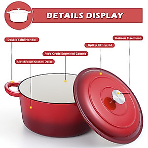 TeamFar 6QT Dutch Oven with Lid, Enameled Cast Iron Dutch Oven Nonstick Stock Pot for Cooking, Stewing, Braising, Roasting, Healthy & Heavy Duty, Double Handles & Sealed Cover, Easy to Clean - Red