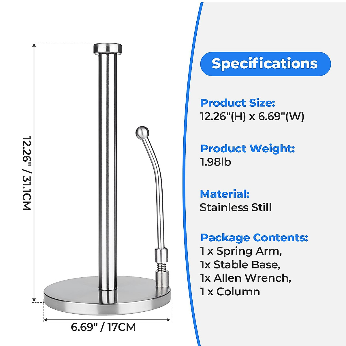 Paper Towel Holder Stand Stainless Steel Easy Tear Paper Towel Holder with Adjustable Spring Arm for Kitchen Bathroom