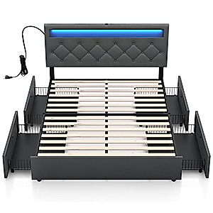Rolanstar Bed Frame Queen Size with LED Lights and USB Ports, Upholstered Bed with Adjustable Headboard and 4 Drawers, No Box Spring Needed, Easy Assembly, Dark Grey