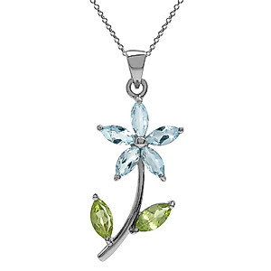 Silvershake Genuine Blue Topaz and Peridot 925 Sterling Silver Flower Leaf Pendant with 18 Inch Chain Necklace