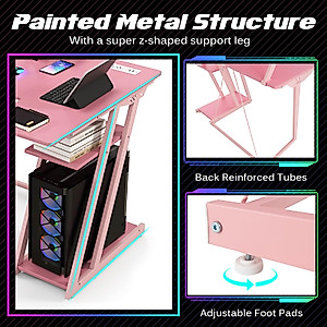 Giantex L Shaped Gaming Desk with Outlets & USB Ports, Small Computer Desk with Monitor Shelf, Headphone Hook, Storage Shelf & Host Stand, Modern Corner Gamer Workstation for Home Office (Pink)