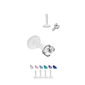 Bioflex Push Pin Labret Nose Stud Ring 2mm Aurora AB CZ 5mm Length 16G