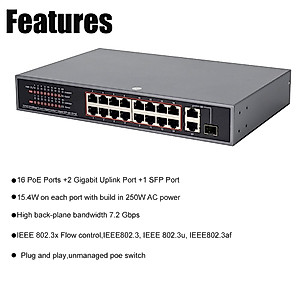 Ethernet PoE Switch with 2 Gigabit RJ45 Uplink and 1 SFP Port,16 10/100M PoE Ports Network-Switches Unmanaged 250W IEEE 802.3af Compliant