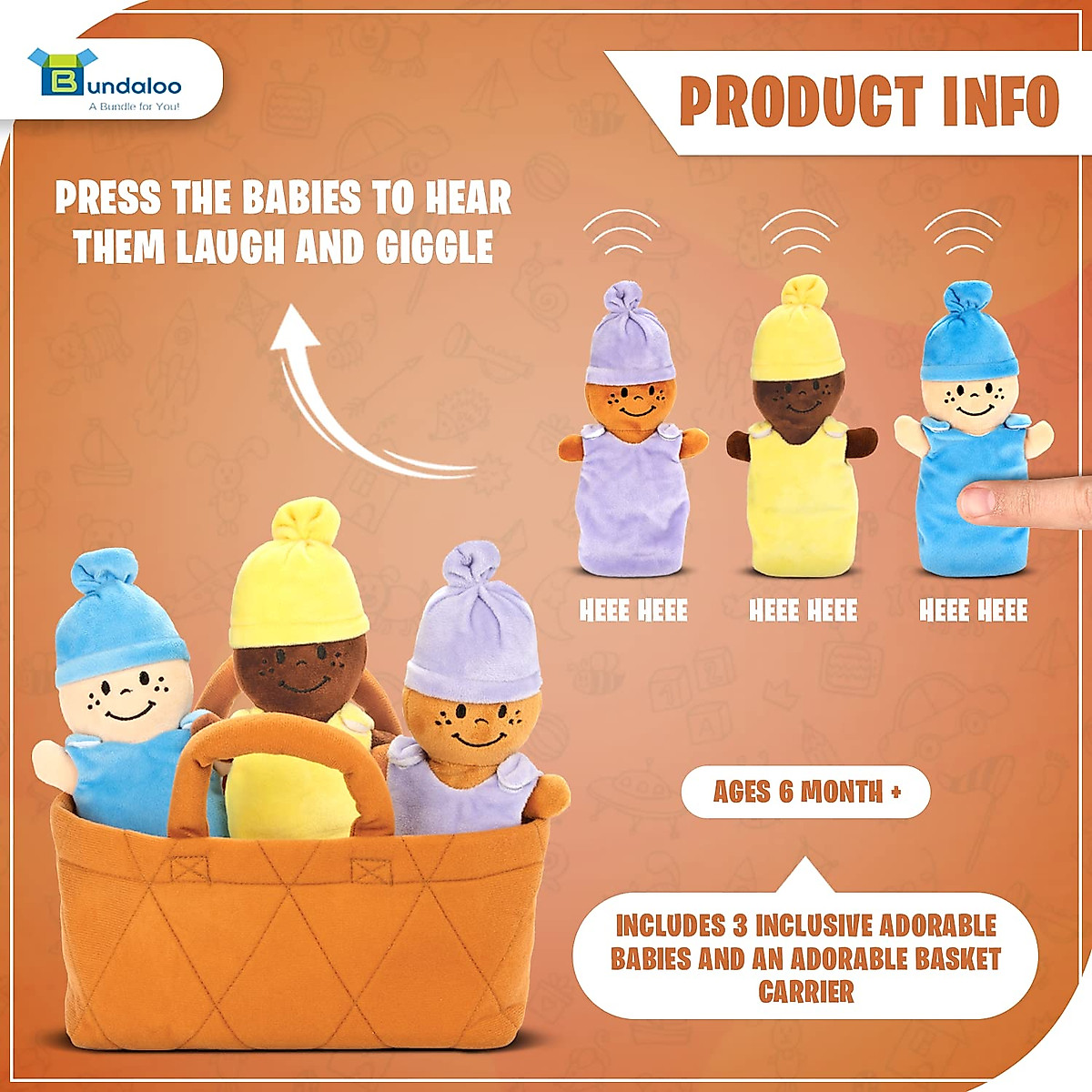 Bundaloo Basket of Babies with Realistic Giggling Sounds - Plush Baby Doll Set with Carrier - 3 Multicultural Dress Up Dolls Playset