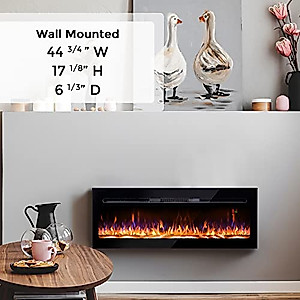 BizHomart 48 Electric Fireplace, Recessed & Wall Mounted Electrical Fireplace with Bracket, Ultra Thin, Low Noise, Remote Control, Timer, Logset & Crystal, Adjustable Flame Color, 1500W, Black