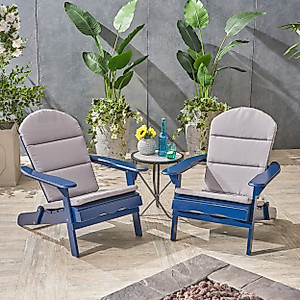 Christopher Knight Home 304628 Ocean Outdoor Acacia Wood Folding Adirondack Chairs with Cushions (Set of 2), Navy Blue and Gray