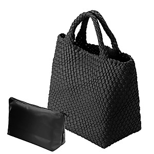 Woven bag for women,Fashion woven tote bag for women,Large vegan soft leather beach travel bag & purse,handmade shoulder bag (Black)