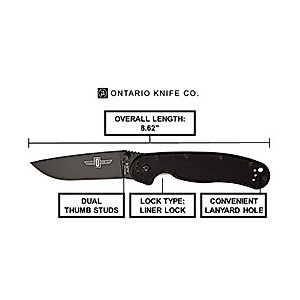 Ontario Knife Company 8846 Rat-1 Black Coated AUS-8 Stainless Steel 3.6 in Plain Edge Blade Nylon Handle 4-Position Reversible Clip Folding Knife for Outdoor, Tactical, Survival & EDC (Black)
