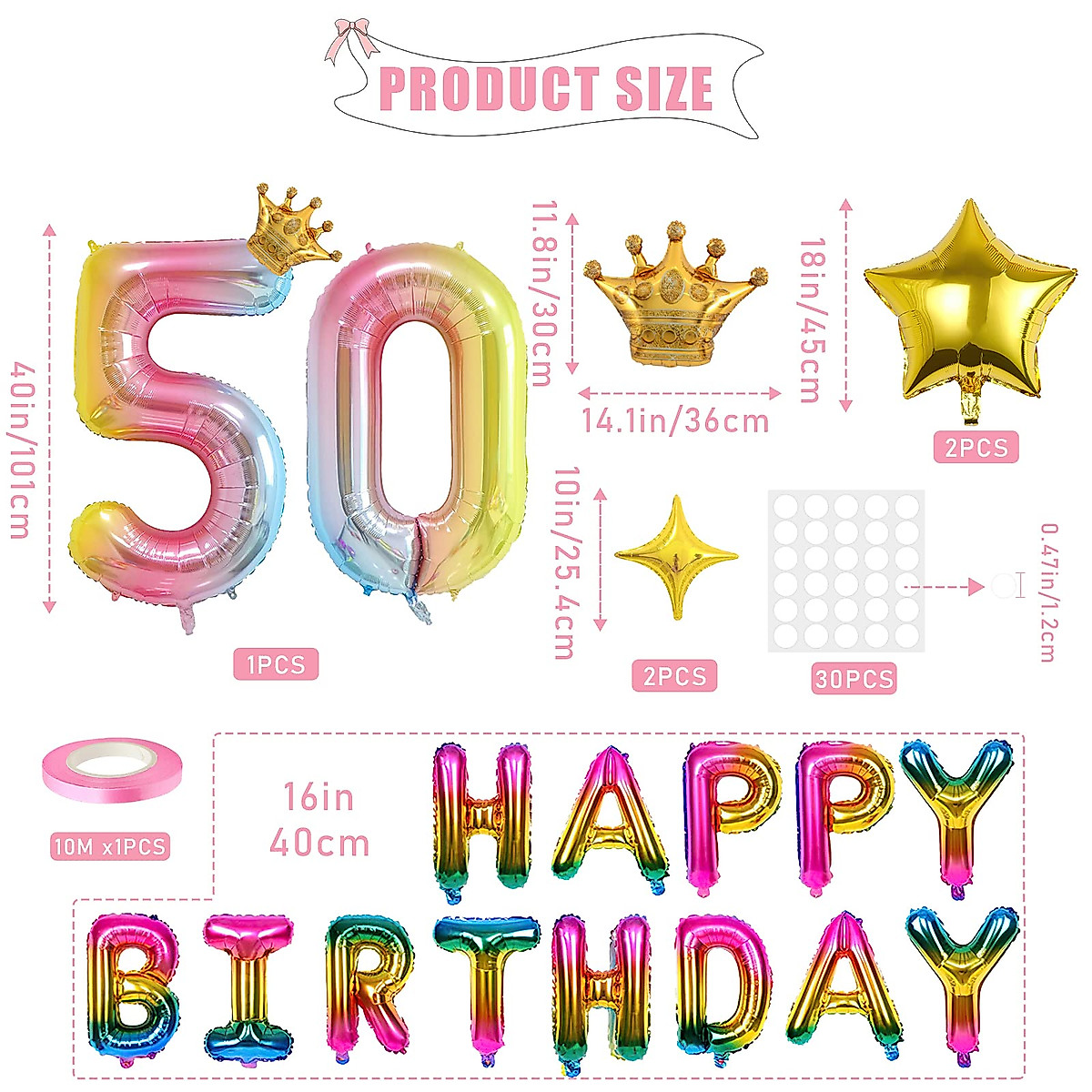 18Pcs Gradient Happy Birthday Balloons Banner, 16 Inch Mylar Foil Letters Birthday Sign Banner Gradient Happy Birthday Party decorations for Girls Kids Baby Shower Party Supplies (50th)