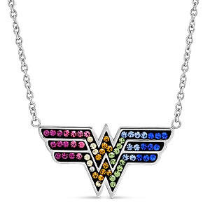 DC Comics Wonder Woman Multi Color Crystal Logo Pendant, Stainless Steel Necklace, 18"