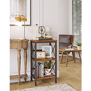 YMYNY 3 Tiers Bookcase, Industrial Metal Bookshelf with Side Fence, Storage Organizer for Living Room, Home Office, Bedroom, Display Racks, Sofa Side Table, Rustic Brown, 29.5*15.75*11.4" UHST008H