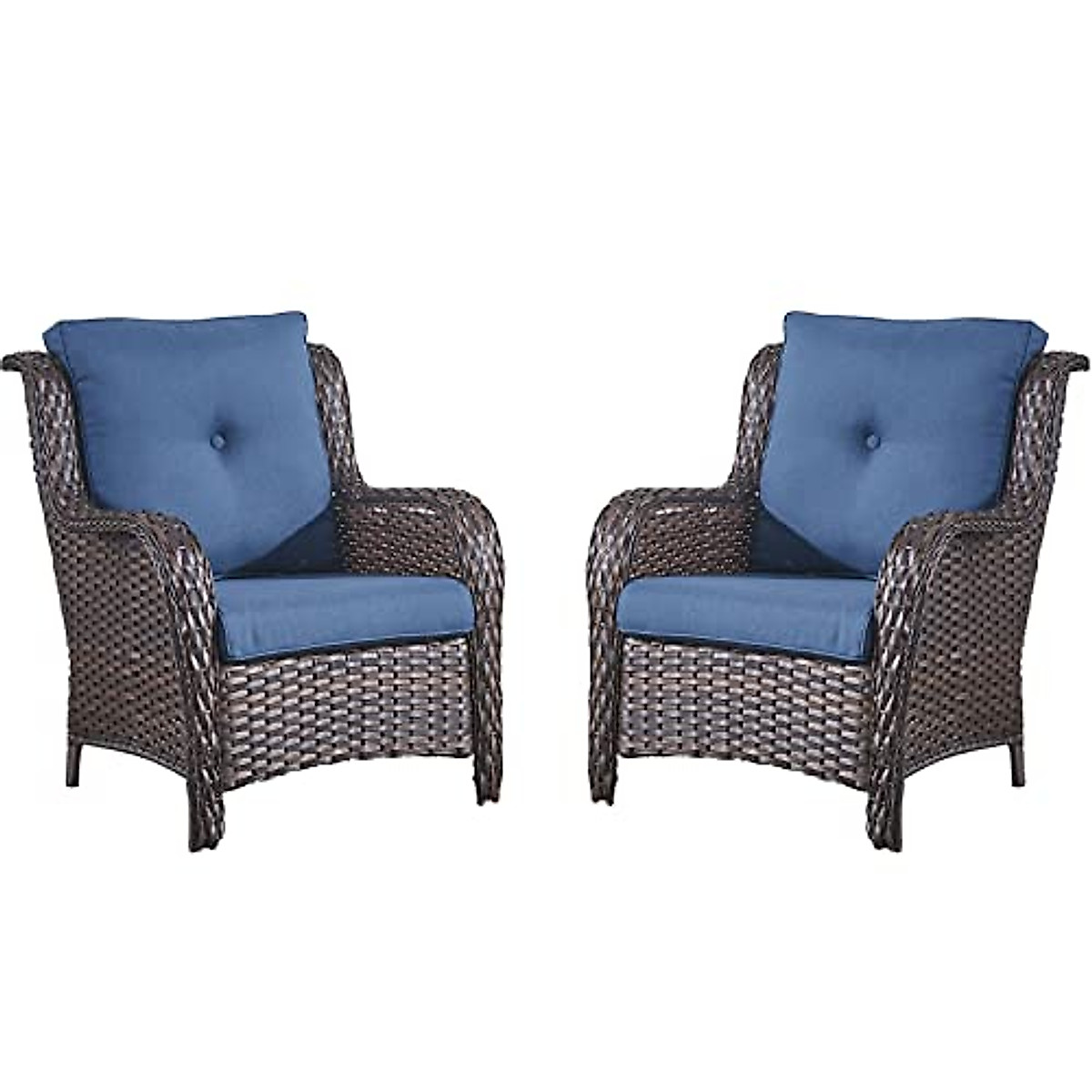 Belord Patio Furniture Conversation Sets 2 Peices Wicker Chairs, Wide Armchair Outdoor Furniture Sets for Porch, Balcony, Backyard, All Weather Brown Wicker Chair with Blue Cushion