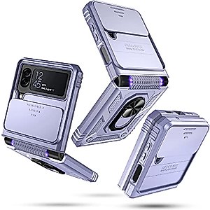 Janmitta Samsung Galaxy Z Flip 4 Case Built in Slide Camera Lens Cover+Hinge Protection+Finger Ring Stable Kickstand, Heavy Duty Shockproof Full Body Protective Phone Cover,2022 Girly Purple