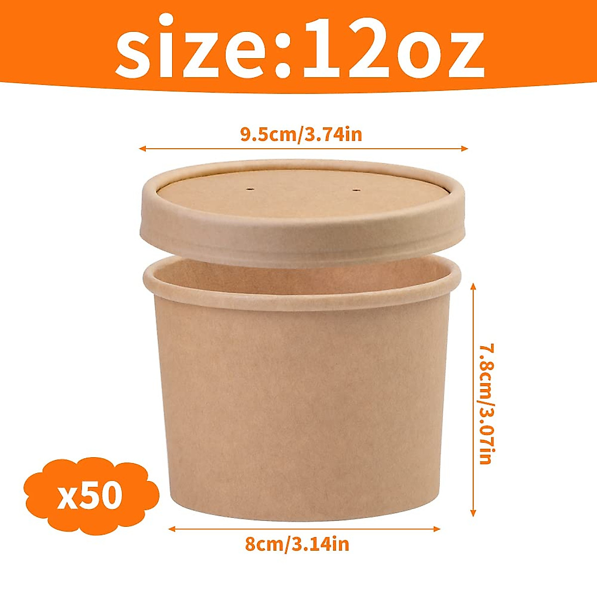 [50 Pack] 12 oz Paper Soup Cups with Lids, Disposable Kraft Paper Soup Bowls, Paper Soup Containers To Go, Ice Cream Containers For Dessert Yogurt Ice Cream