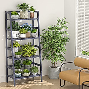 Homykic Ladder Bookshelf, 4-Tier Bamboo Shelf 49.2” Open Bookcase Freestanding Bathroom Storage Rack Plant Stand for Living Room, Bedroom, Office, Easy Assembly, Blue Grey