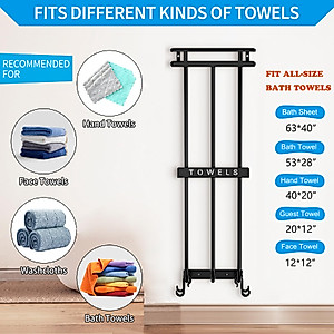 Wall Towel Rack for Rolled Towels, 3 Bars Towel Rack Wall Mounted with Metal Top Floating Shelf & 4 Hooks, Towel Holder for Bathroom Folded Large Towels, Blanket Towel Storage Shelves Organizer, Black