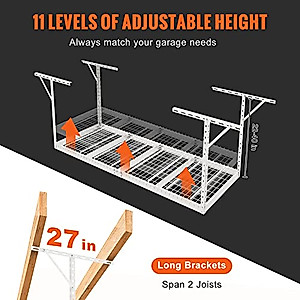 VEVOR Overhead Garage Storage Rack, 3x8 Garage Ceiling Storage Racks, Heavy Duty Adjustable Cold Rolled Steel Racks for Garage Storage, Organization, 600 lbs Load Capacity, 22''-40" (White)