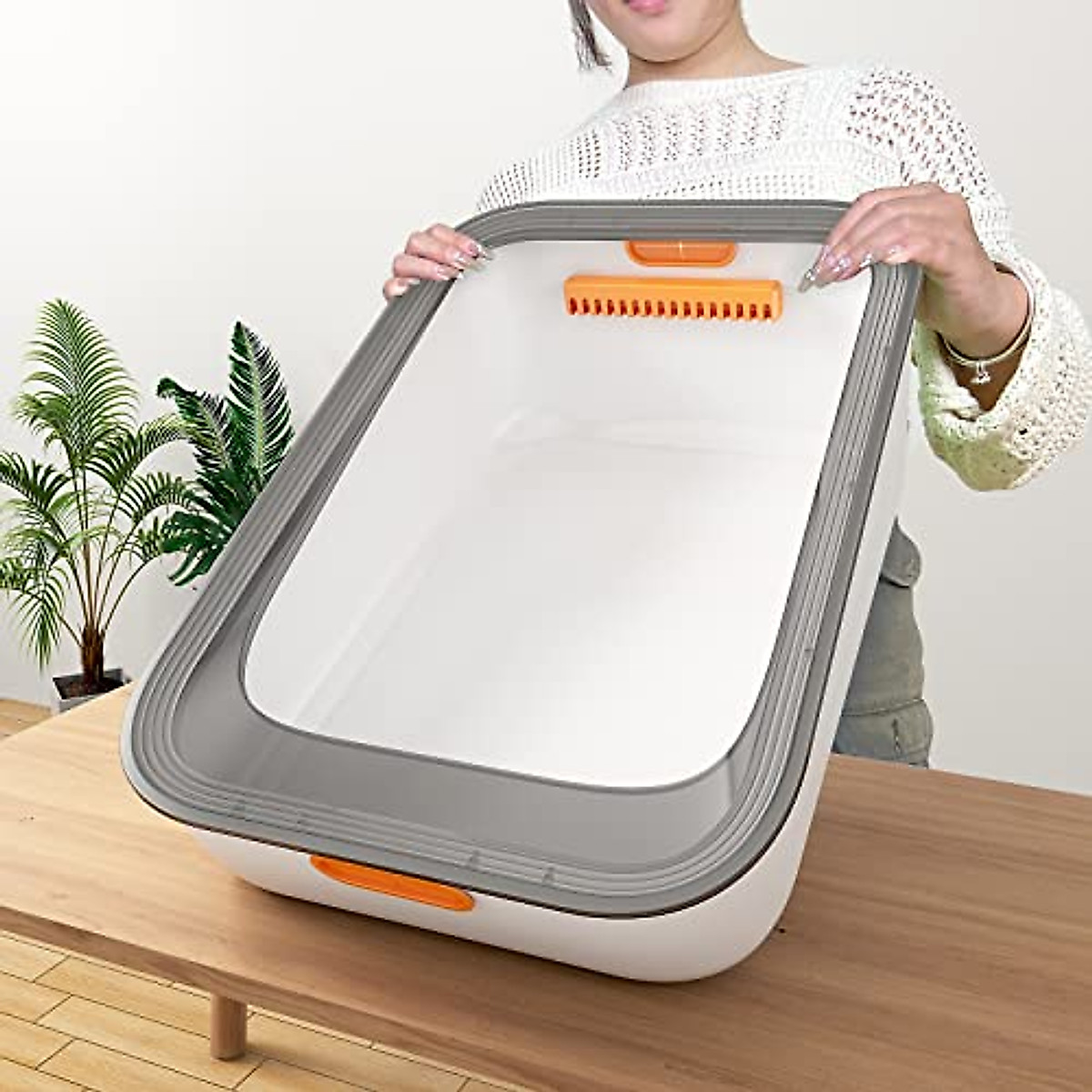 Eiiel Extra Cat Litter Box, 7.3 Wx24 L Large Nonstick Litter Pan Durable Standard Litter Box, Great for Small & Large Cats Easy to Clean1（White）