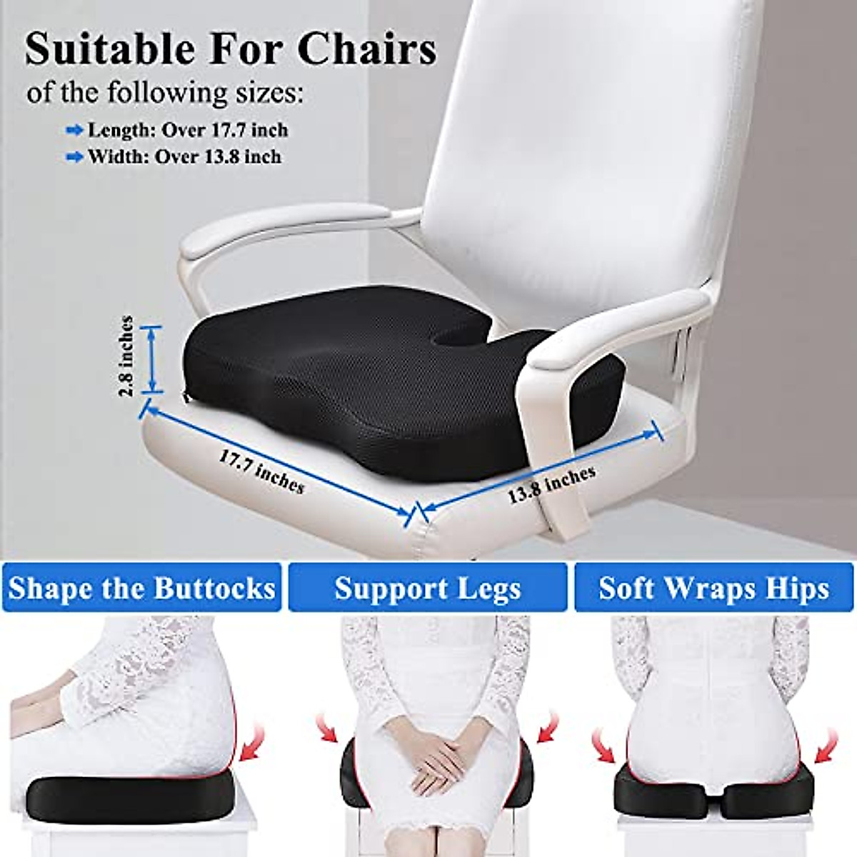 Memory Foam Seat Cushion for long sitting, Non-Slip Ergonomic Chair Cushion for Back/Sciatica/Coccyx/Tailbone Pain Relief, Comfortable Pillow Pad with Mesh Cover for Office Chair, Car Seat, desk chair