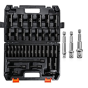 BOEN 38 Piece Set, Including 1/2" Drive Deep Impact Socket with Durable Case, 1/4", 3/8", 1/2" Size Impact Grade Socket Adapter Set with Bit Holder, 6 Point Design