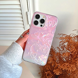 YeLoveHaw Designed for iPhone 14 Pro Case for Women Girls, Glitter Pink Purple Colorful Pearly-Lustre Shell, Cute Heart-Shaped Pattern, Slim Hard Protective Cover for iPhone 14Pro 6.1''(White Heart)