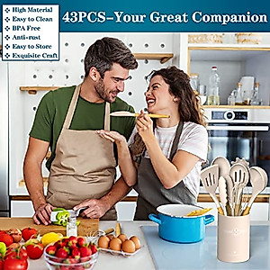 Silicone Cooking Utensils Set, 43Pcs Non-Stick Heat Resistant Kitchen Utensils Spatula Set with Wooden Handle for Baking, Cooking, and Mixing, Best Kitchen Gadgets Tools with Holder (Khaki)