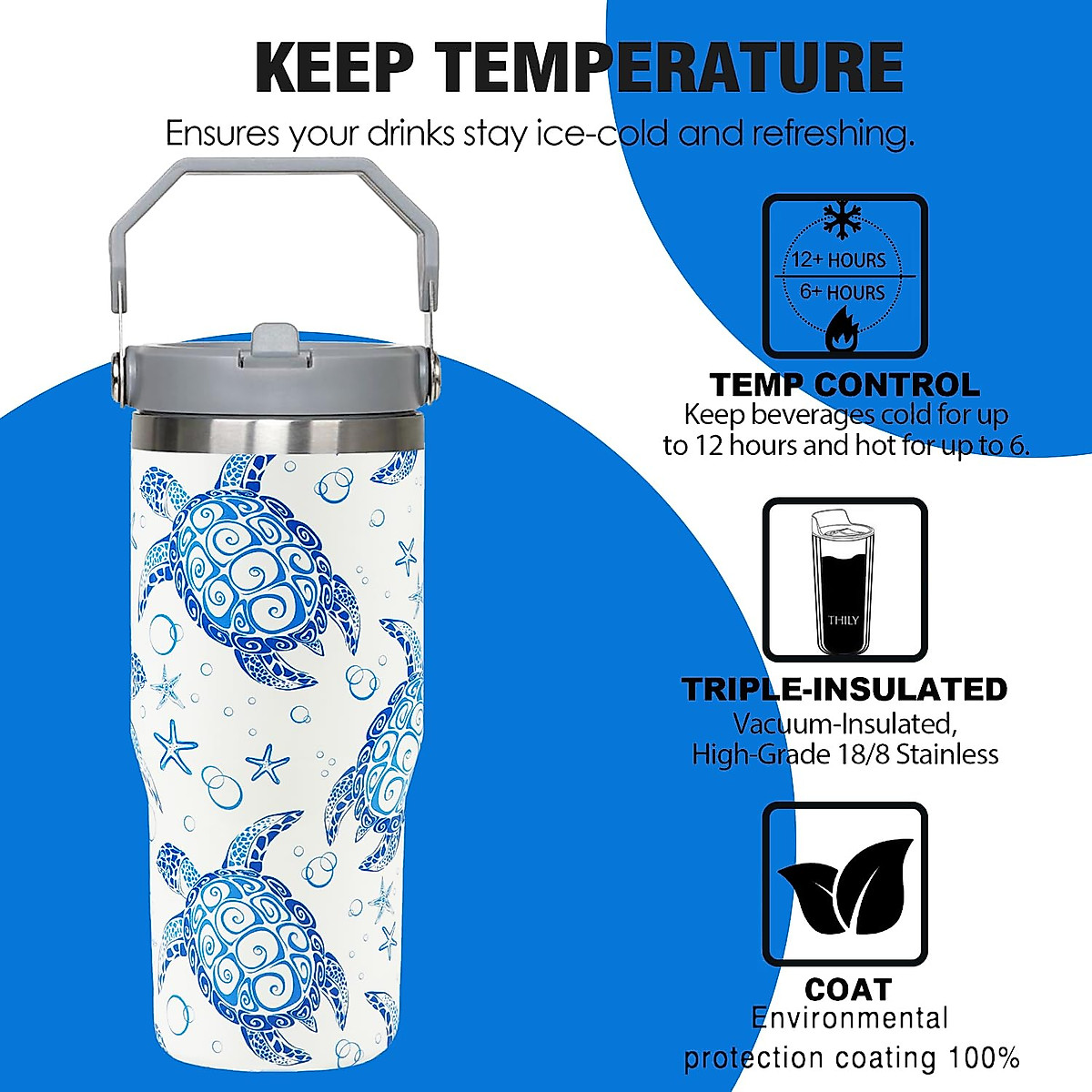 Sea Turtle Gift Tumbler with Handle and Straw, Stainless Steel Vacuum Insulated Flip Straw 30 oz Sea Turtle Tumbler Spill Proof Coffee Travel Mug Sea Turtle Gifts for Women