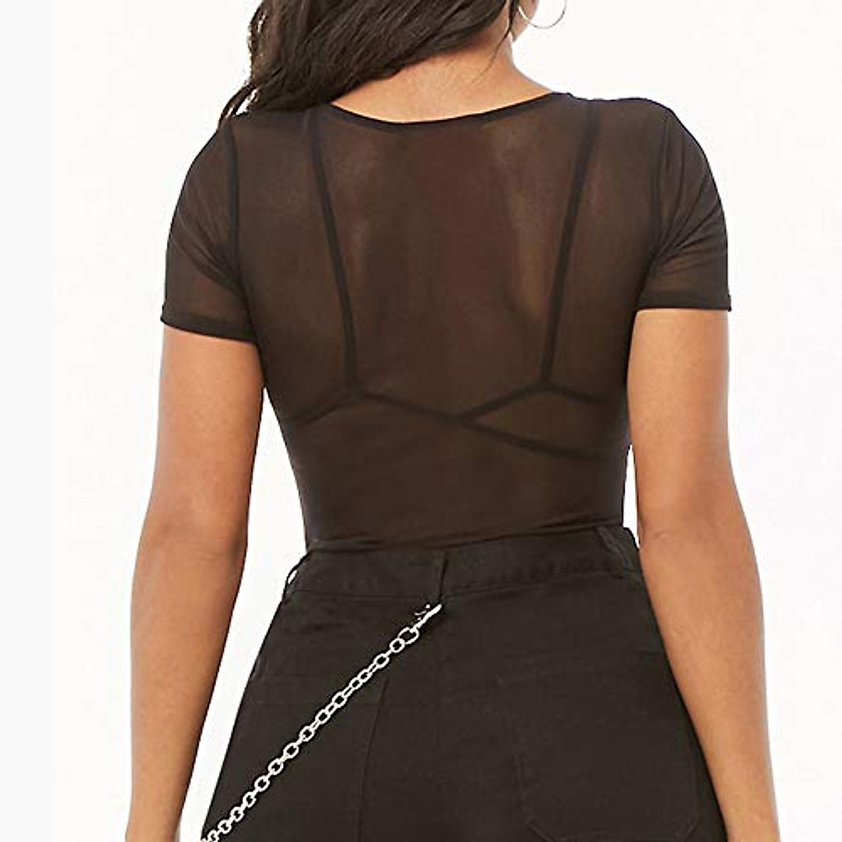 Allchic Womens Short Sleeve Sheer Mesh Tops Sexy See Through Tee Blouse Clubwears (V Neck Black II, Medium)