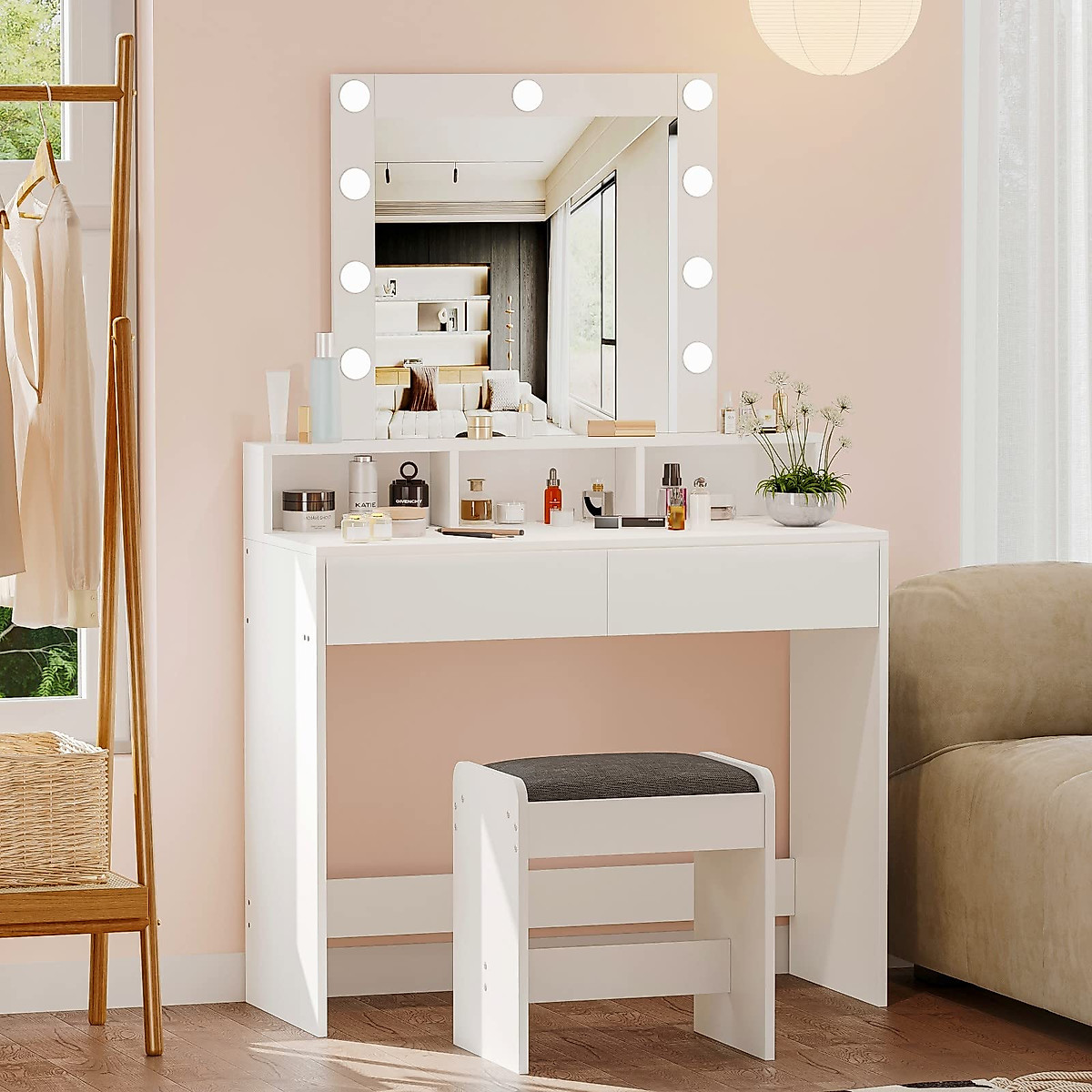 Reettic Vanity Table with Lighted Mirror, Makeup Vanity Desk Set with 2 Storage Drawers, Wooden Bedroom Dressing Table, 9 Lights & Adjustable Brightness, for Women, Mother, Wife, White RSZT101W