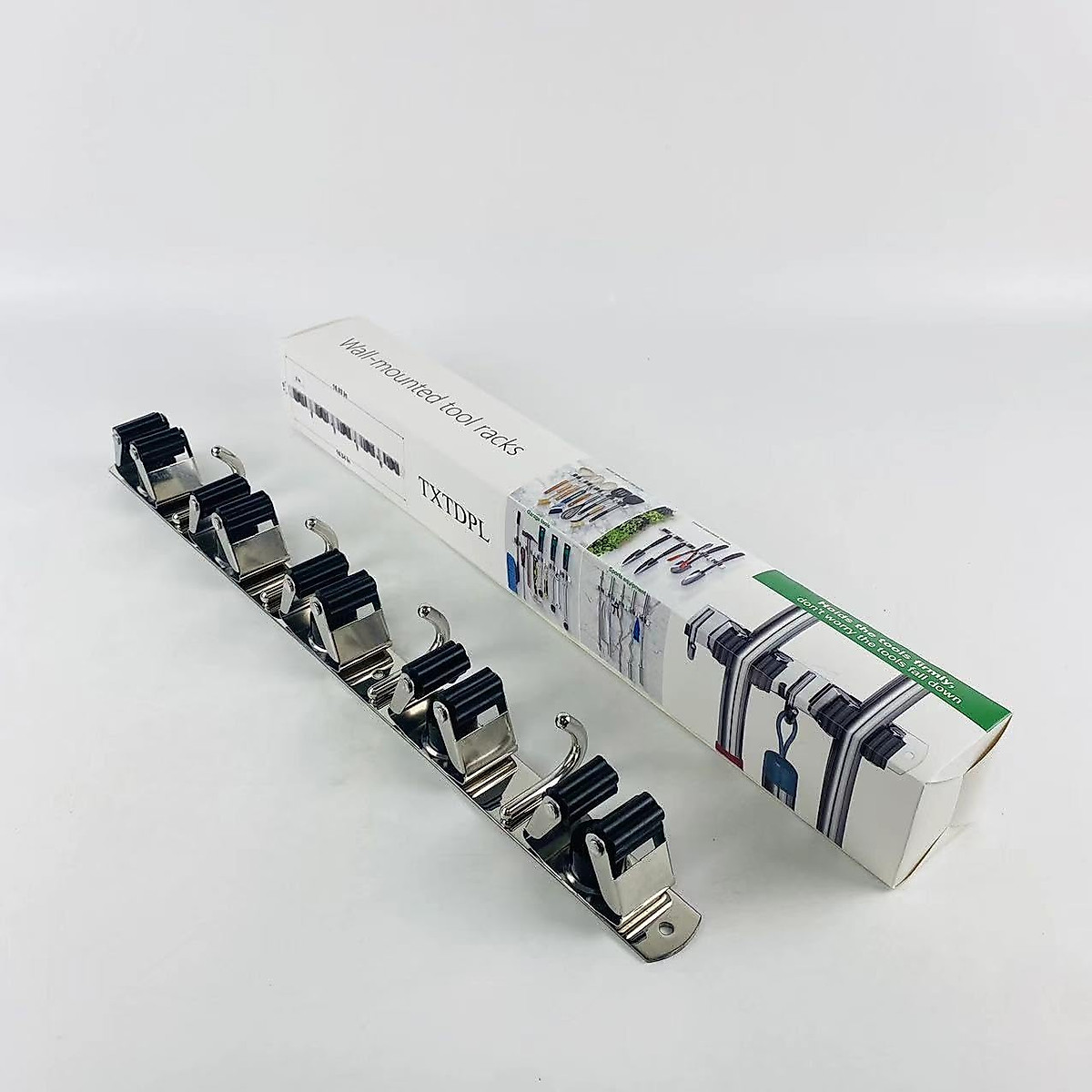 TXTDPL Wall-mounted tool racks, 5 Racks and 4 Hooks Mop and Broom Holder Wall Mount, Self Adhesive Heavy Duty Broom Hanger Organizer Storage Tool Racks for Kitchen Garden Laundry Garage