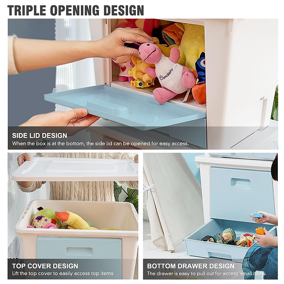 loobuu 3 Pack Plastic Toy Storage Organizer Box with Side Lids,40QT Toys Storage Chest Bin with Drawer, Large Stackable Storage Container Bin for Kids, Boys, Girls, Nursery, Playroom