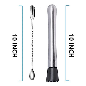 Ortarco 10 Inch Stainless Steel Muddler for Cocktail and 10 Inch Mixing Bar Spoon, 2 Pices Home Bar Tool Set
