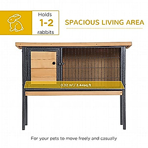 PawHut Rabbit Hutch Elevated Bunny Cage Small Animal Habitat with Metal Frame, No Leak Tray, Mtetal Wire Pan and Openable Water-Resistant Asphalt Roof for Indoor/Outdoor Natural Wood