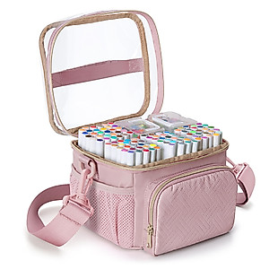 Rexmica Marker Organizer Case for 100 Markers, Marker Storage Organizer Bag with Divider and Shoulder Strap, Marker Travel Carrying Case with 3 Pockets, Pink (Patented Design)