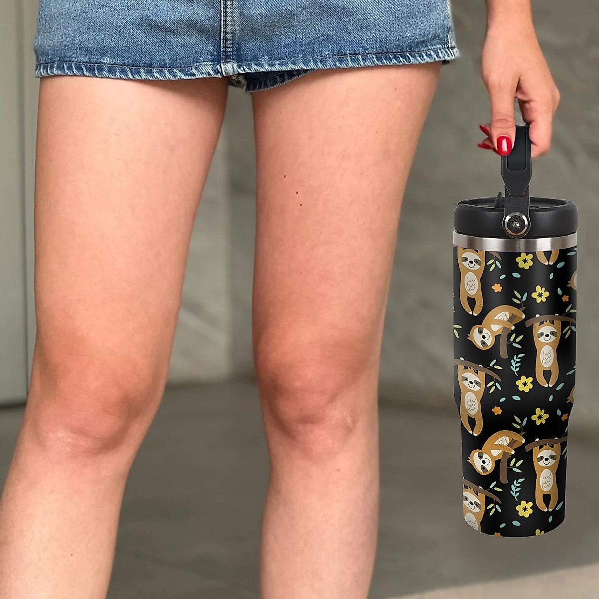 ysnifeiw 30oz Sloth Tumbler with Handle and Straw, Stainless Steel Insulated Sloth Cup with Top Handle and Lid, Sloth Coofee Mug Gifts for Women Men